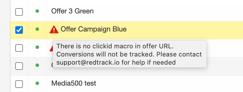 Warning message on the offer | RedTrack Help